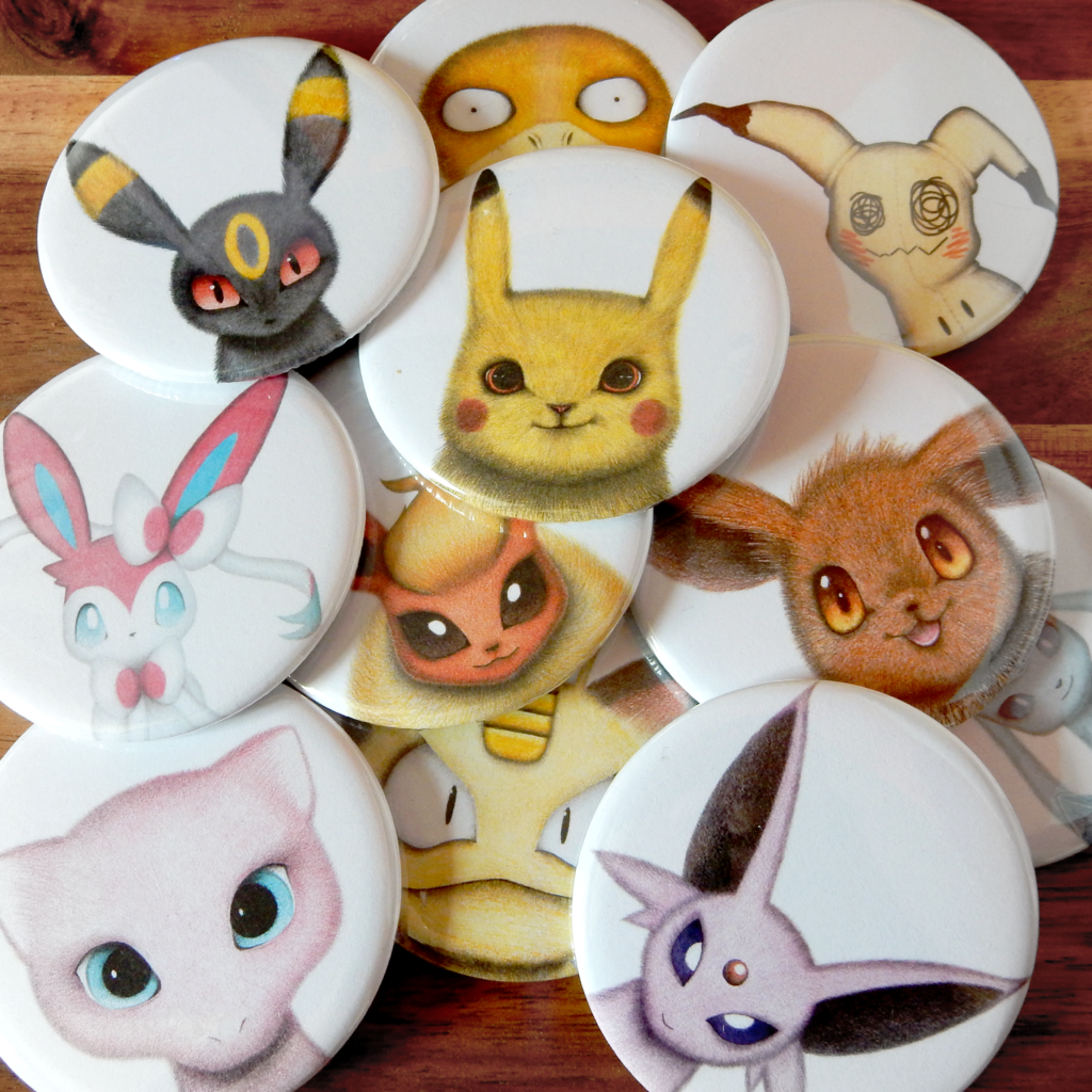Pokémon - Badges 5,6cm, portrait réaliste par Jessy Megan